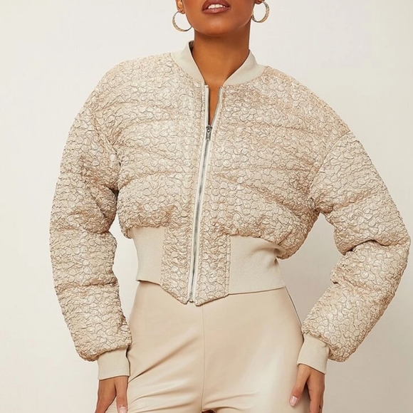 Jackets & Coats | Cropped Puffer Jacketchampagne Jacquard Baseball ...
